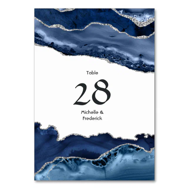 Navy and Silver Agate Wedding Table Number | Zazzle