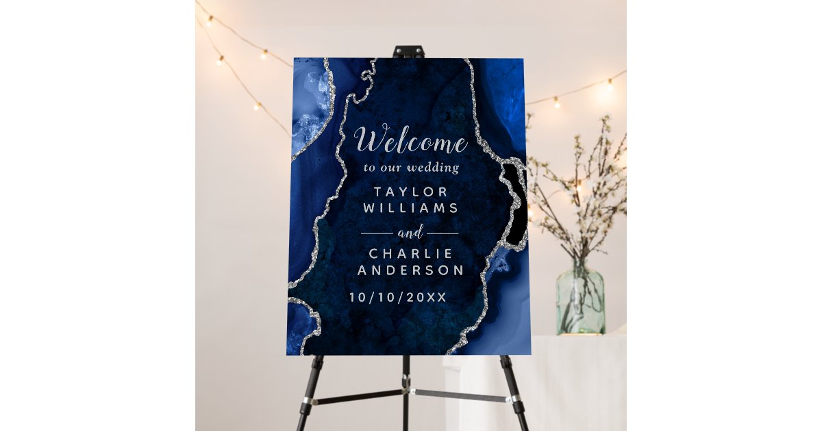 Navy and Silver Agate Wedding Welcome Foam Board | Zazzle