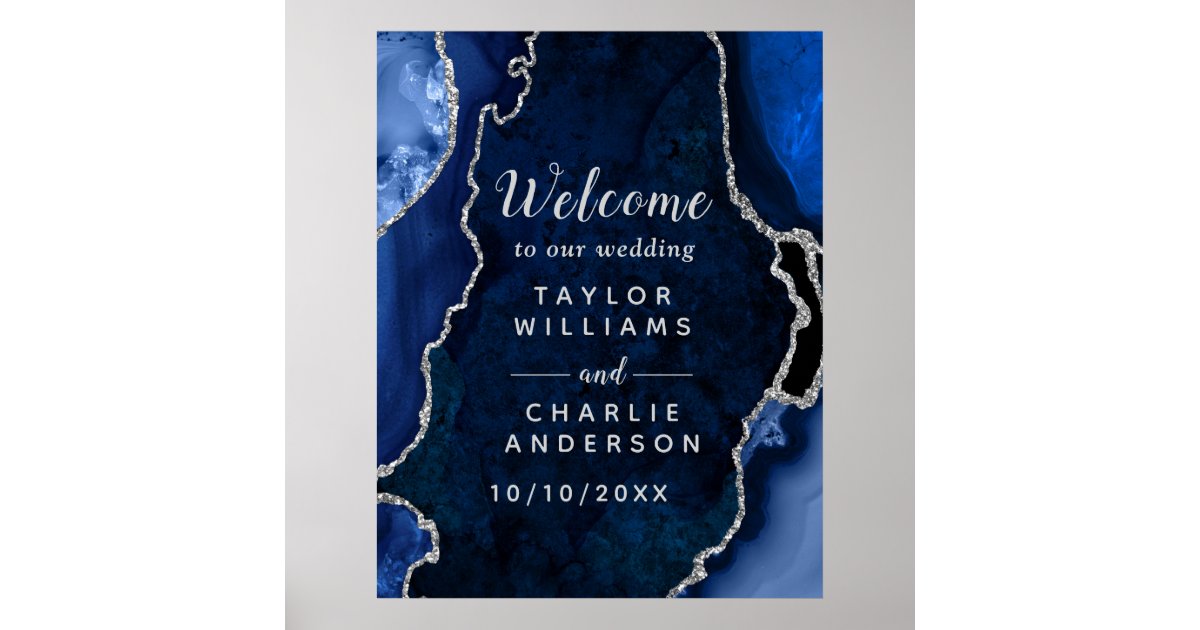 Navy and Silver Agate Wedding Welcome Poster | Zazzle