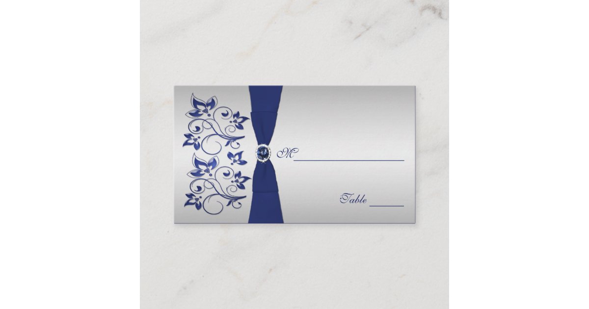 Navy and Silver Floral Placecards | Zazzle