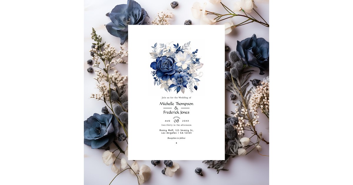 Navy and Silver Floral Wedding Invitation | Zazzle