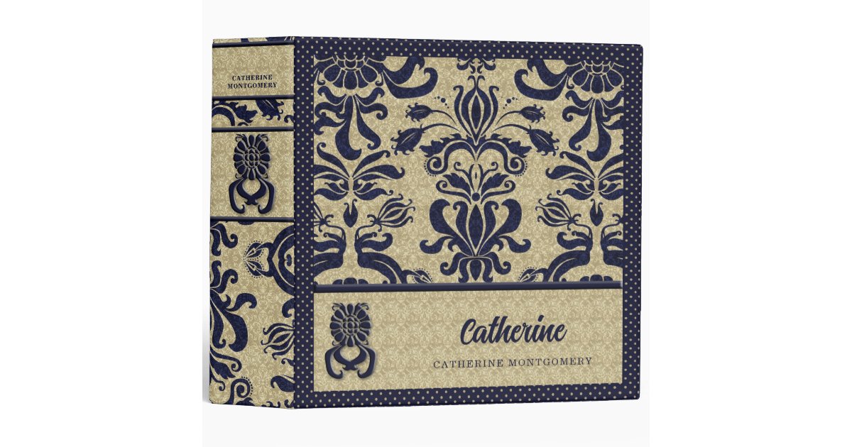Navy and Taupe Damask Custom Binder | Zazzle