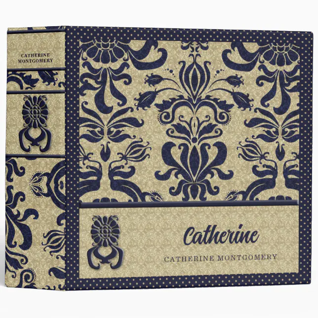 Navy and Taupe Damask Custom Binder | Zazzle