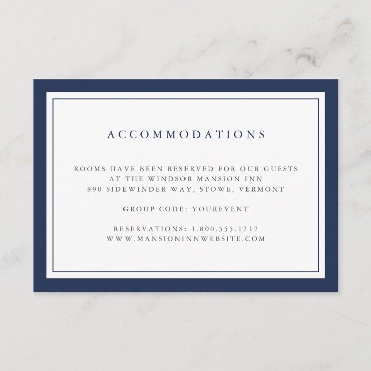 Navy and White Border Hotel Accommodations Card | Zazzle