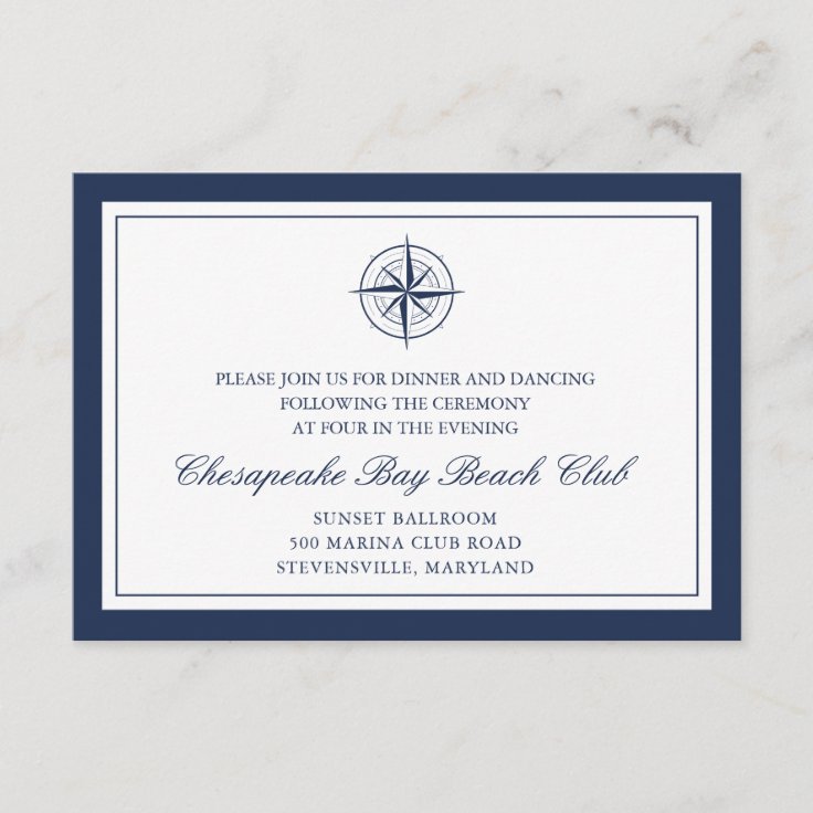 Navy and White Nautical Compass Wedding Reception Enclosure Card | Zazzle
