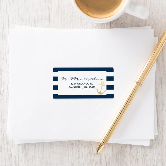 Navy and White Stripe Nautical Gold Anchor Address Label | Zazzle