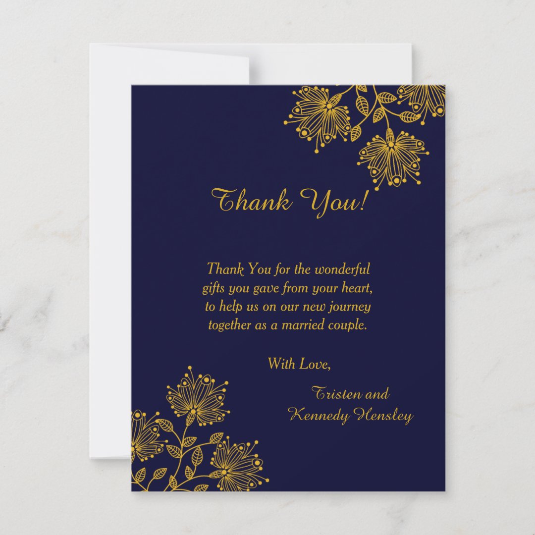 Navy and Yellow Floral 4x5 Flat Thank You Card | Zazzle
