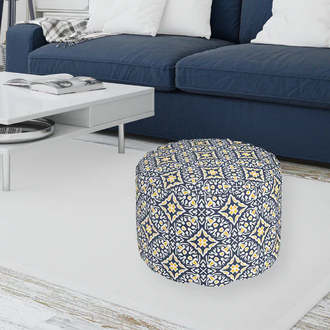 Navy and Yellow Mediterranean Pattern Pouf | Zazzle