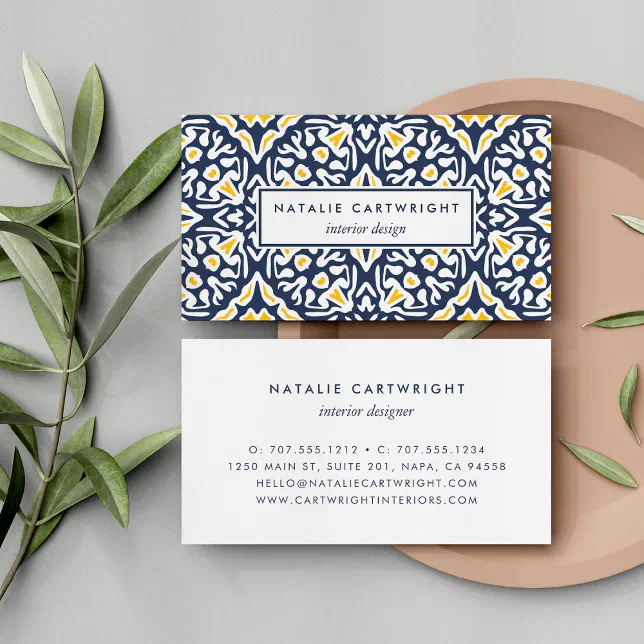 Navy and Yellow Mediterranean Tile Pattern Business Card | Zazzle