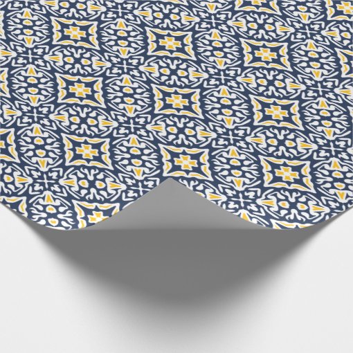 Navy and Yellow Spanish Tile Pattern Wrapping Paper | Zazzle