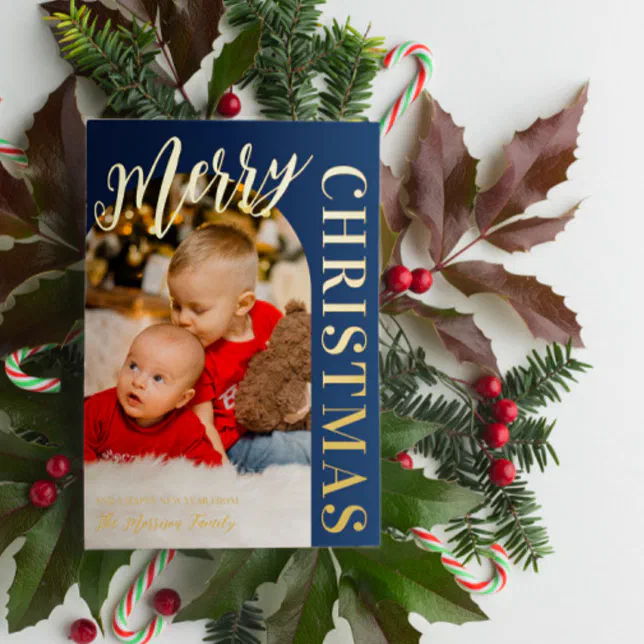 Navy Arch Shaped Photo Merry Christmas Gold Foil Holiday Card | Zazzle