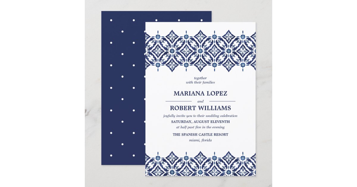 Navy Azulejo | Spanish Tile Border lace Wedding Invitation | Zazzle