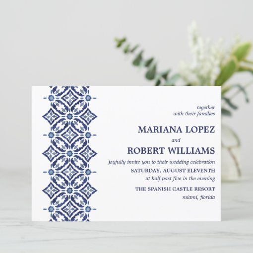 Navy Azulejo | Spanish Tile Border Wedding Invitation | Zazzle