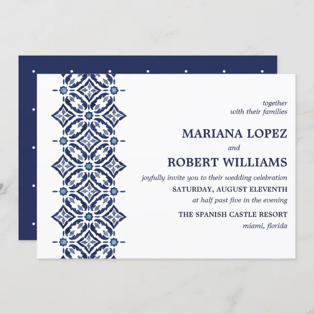 Navy Azulejo | Spanish Tile Border Wedding Invitation | Zazzle