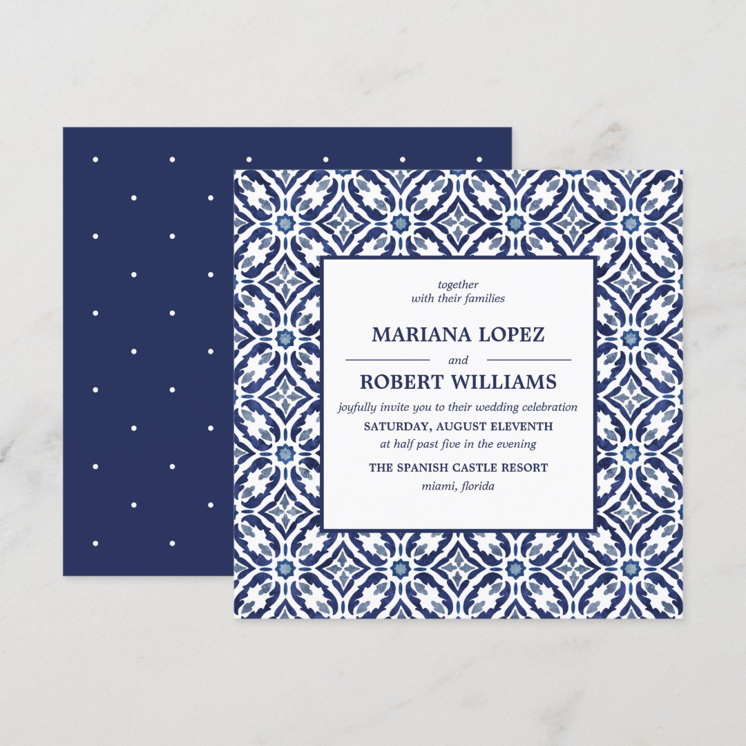 Navy Azulejo | Spanish Tile Pattern Wedding Invitation | Zazzle