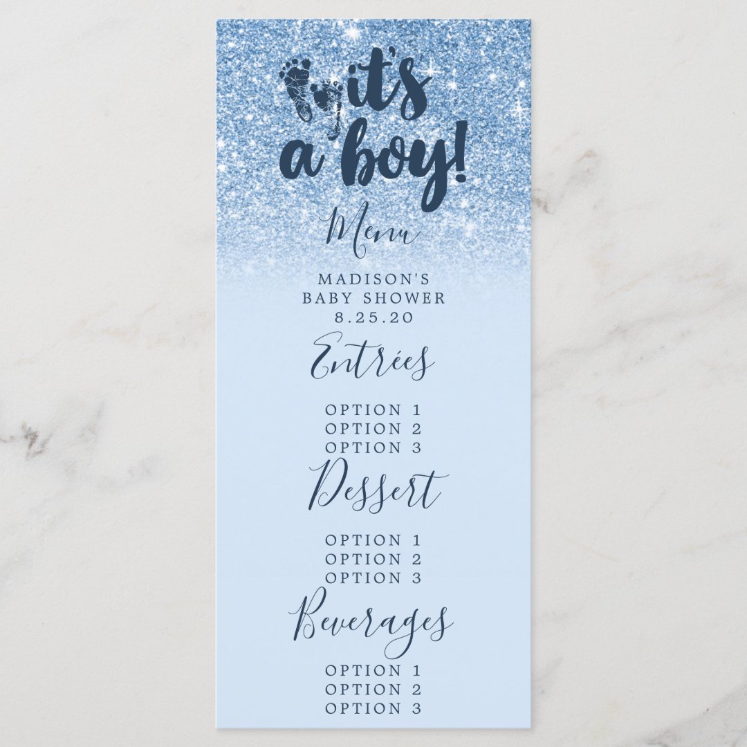 Navy Baby Blue Glitter It's A Boy Baby Shower Menu | Zazzle