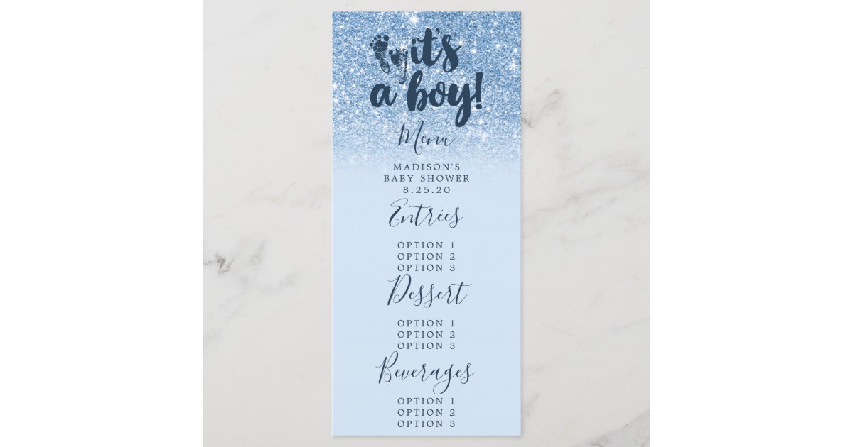 Navy Baby Blue Glitter It's A Boy Baby Shower Menu | Zazzle