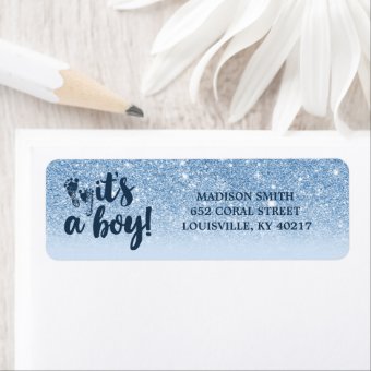Navy Baby Blue Glitter Ombre It's A Boy Label | Zazzle