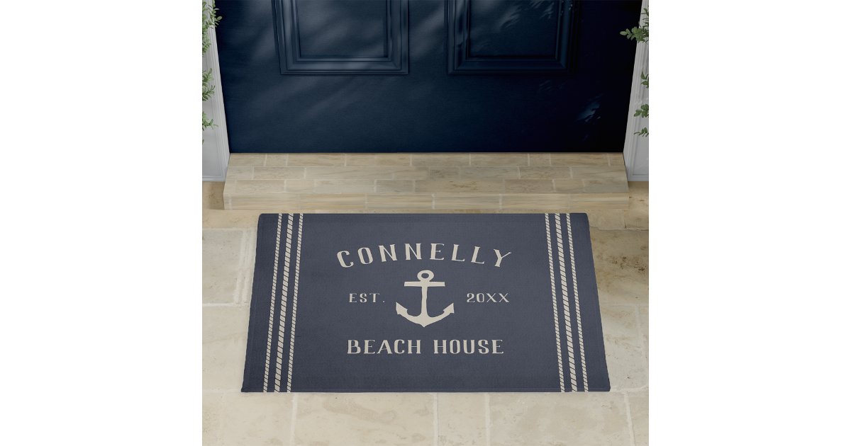 Navy | Beach House Rustic Anchor Personalized Doormat | Zazzle