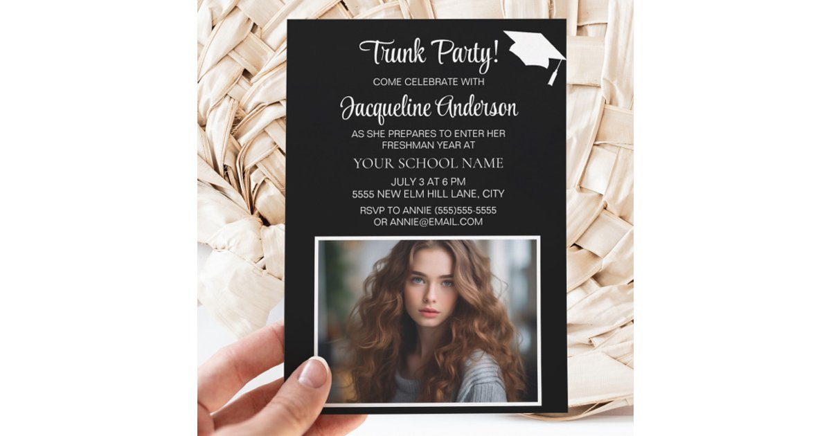 Navy Biue White Graduation Cap Trunk Party Photo Invitation | Zazzle