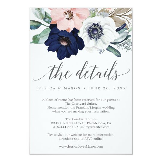 Navy Blooms Wedding Details Card | Zazzle.com