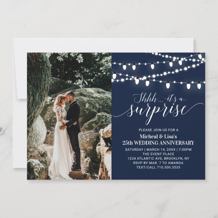 Navy Blue 25th Photo Wedding Anniversary Invitation | Zazzle