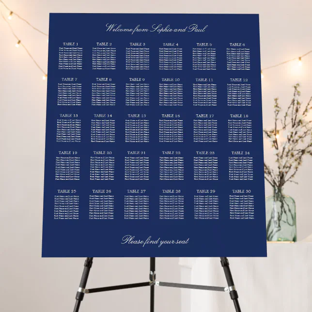 Navy Blue 30 Table Wedding Seating Chart Foam Board | Zazzle