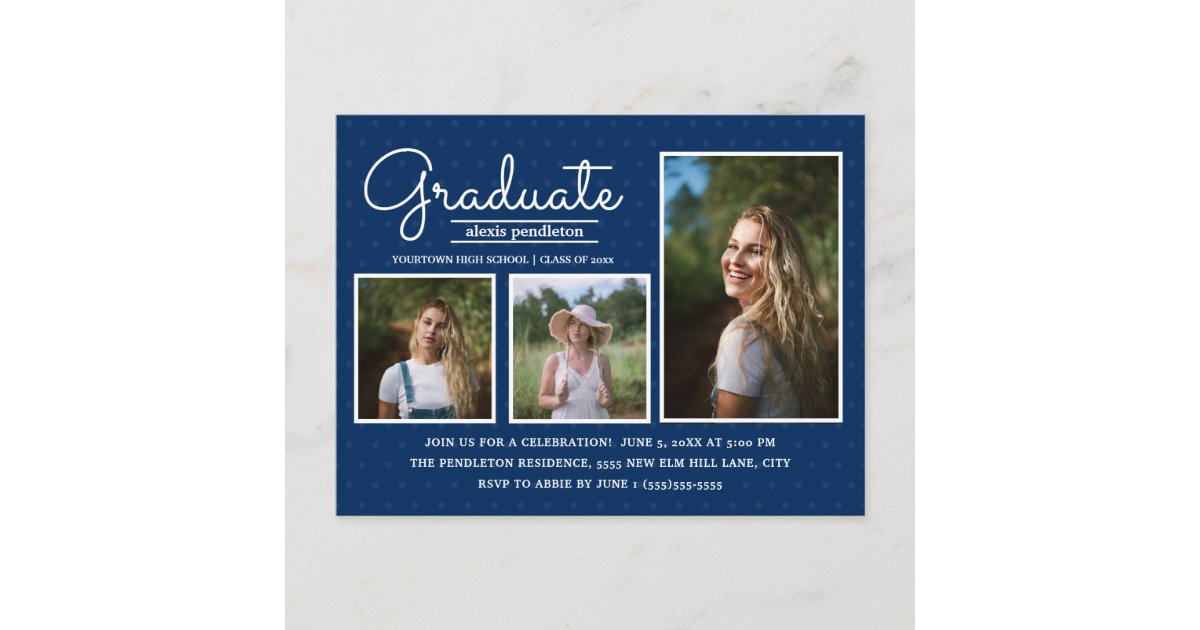Navy Blue 3-Photo Graduation Party Postcard | Zazzle