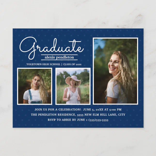 Navy Blue 3-Photo Graduation Party Postcard | Zazzle