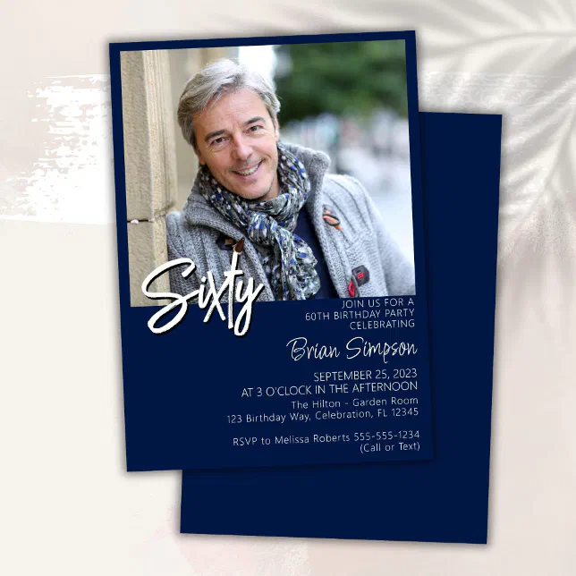 Navy Blue 60th Birthday Photo Invitation | Zazzle