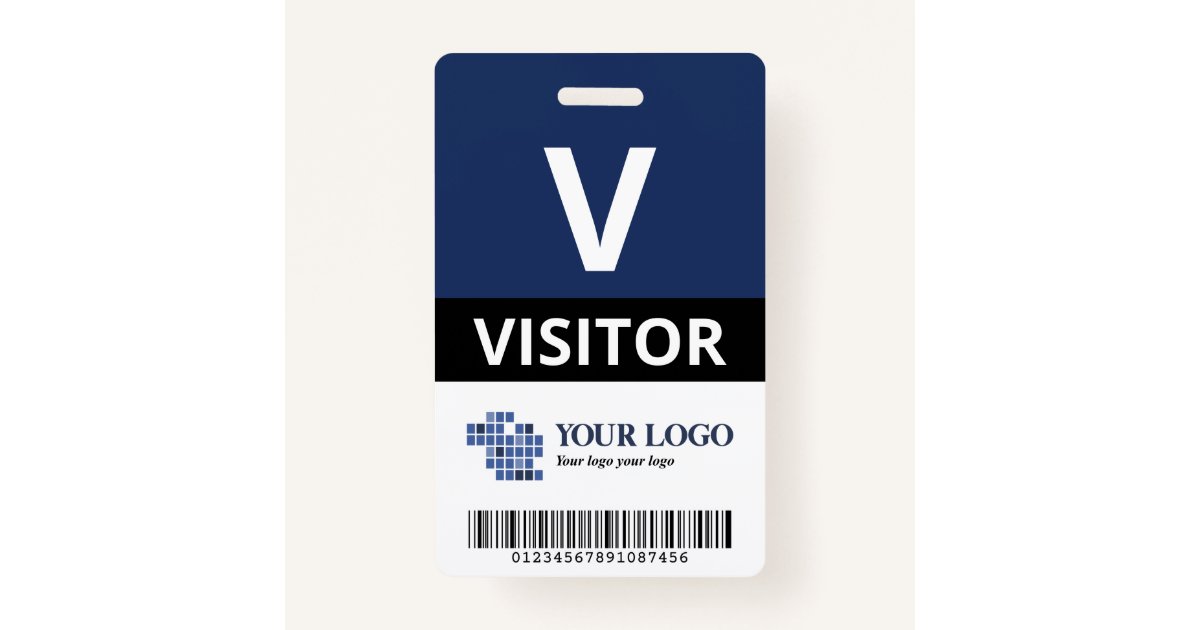 Navy Blue Add Your Logo & Bar Code Visitor Badge | Zazzle