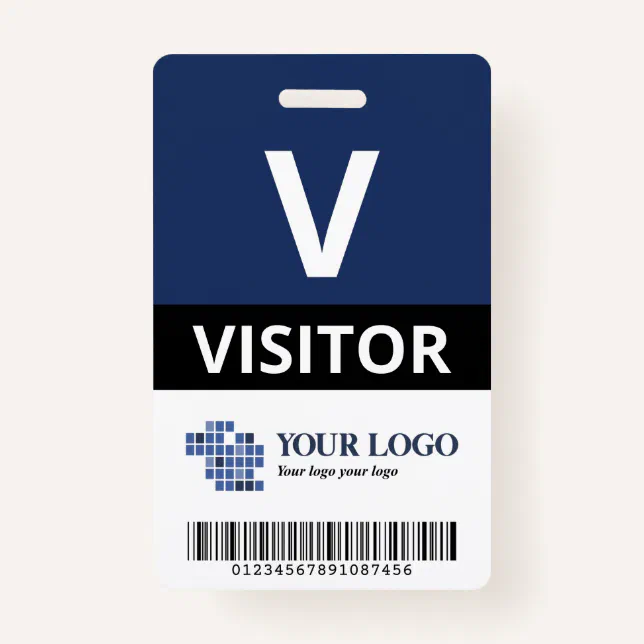Navy Blue Add Your Logo & Bar Code Visitor Badge | Zazzle
