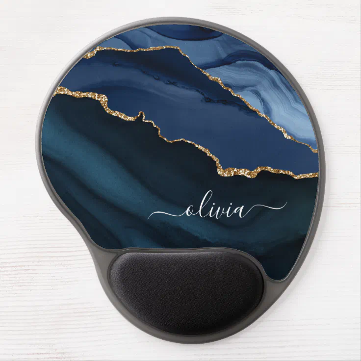 Navy Blue Agate Geode Gold Monogram Gel Mouse Pad | Zazzle