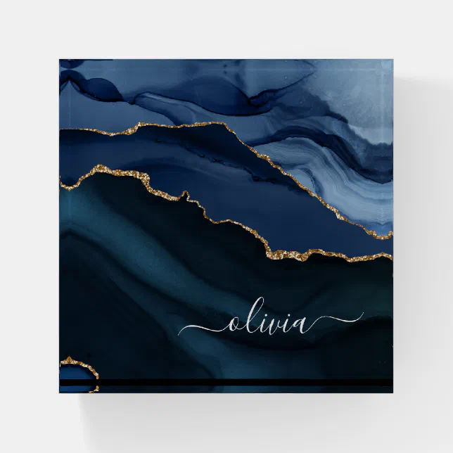 Navy Blue Agate Geode Gold Monogram Paperweight | Zazzle