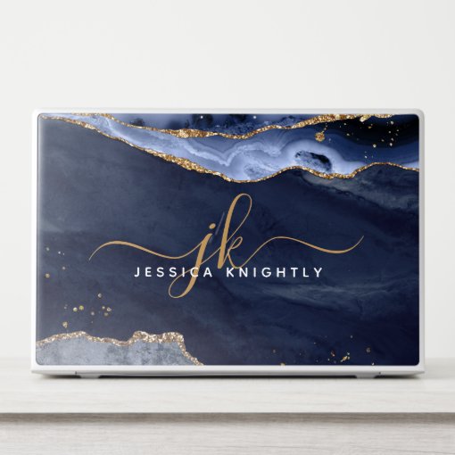 Navy Blue Agate Geode Gold Monogram Script HP Laptop Skin | Zazzle