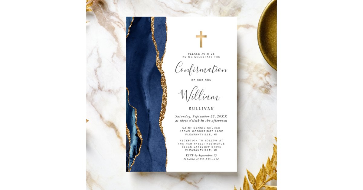 Navy Blue Agate Gold Glitter Confirmation Invitation | Zazzle