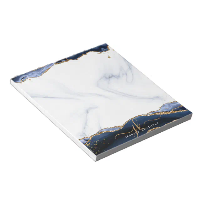 Navy Blue Agate Marble Gold Glitter Monogram Notepad | Zazzle