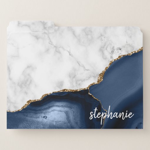 Navy Blue Agate Marble Gold Monogram File Folder | Zazzle