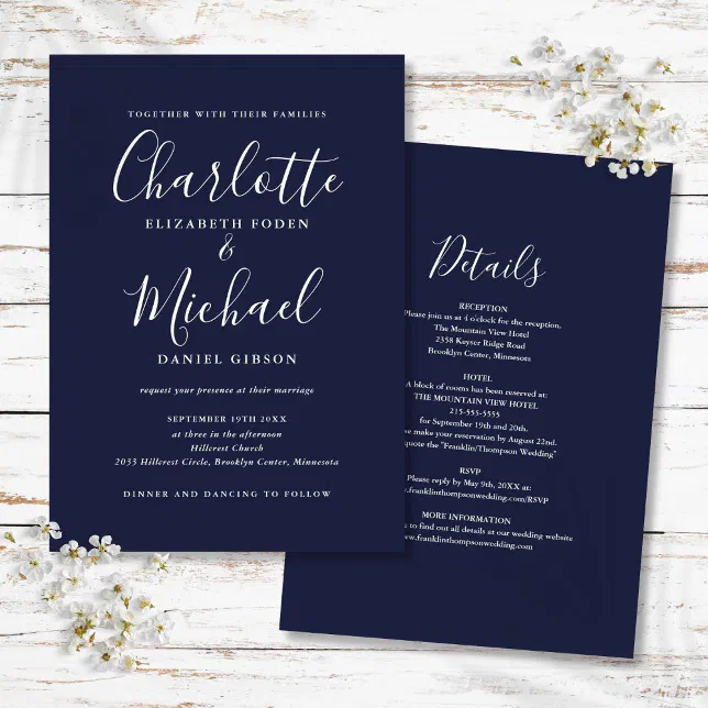Navy Blue All In One Simple Script Wedding Invitation | Zazzle