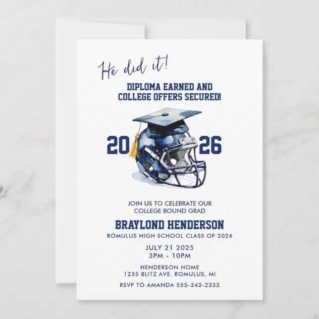 Navy Blue American Football Graduation Party Invitation | Zazzle
