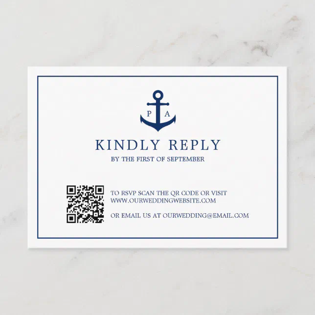 Navy Blue Anchor Monogram QR Code Nautical Wedding RSVP Card | Zazzle