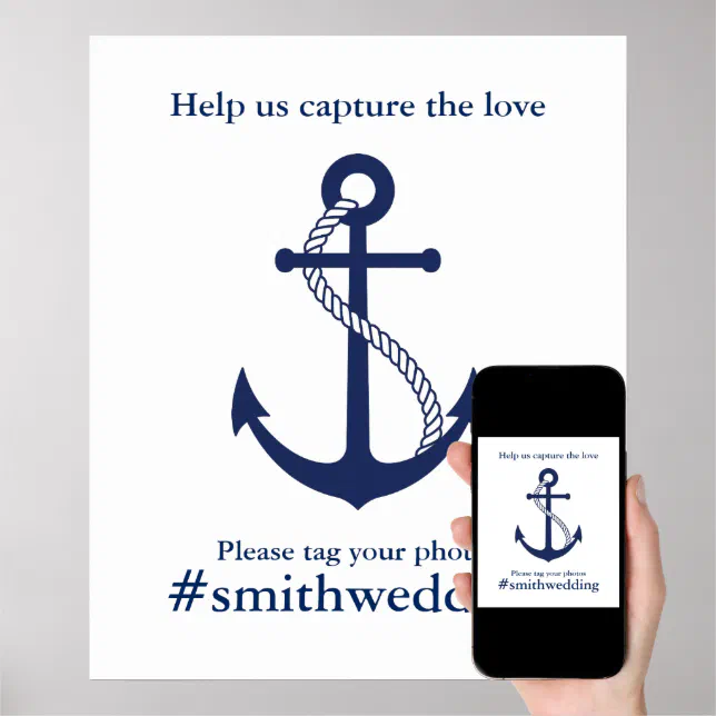Navy Blue Anchor Nautical Wedding Hashtag Poster | Zazzle