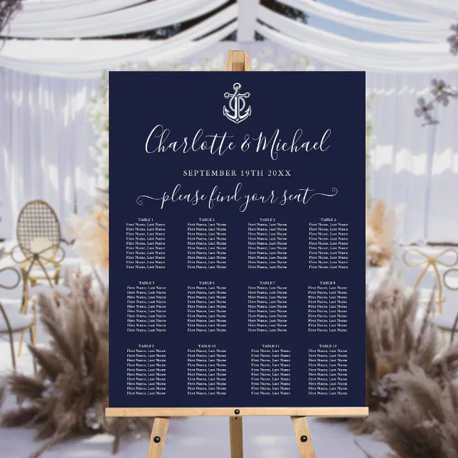 Navy Blue Anchor Nautical Wedding Seating Chart Foam Board | Zazzle