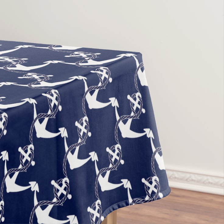 Navy Blue Anchor W/Rope on White Tablecloth | Zazzle