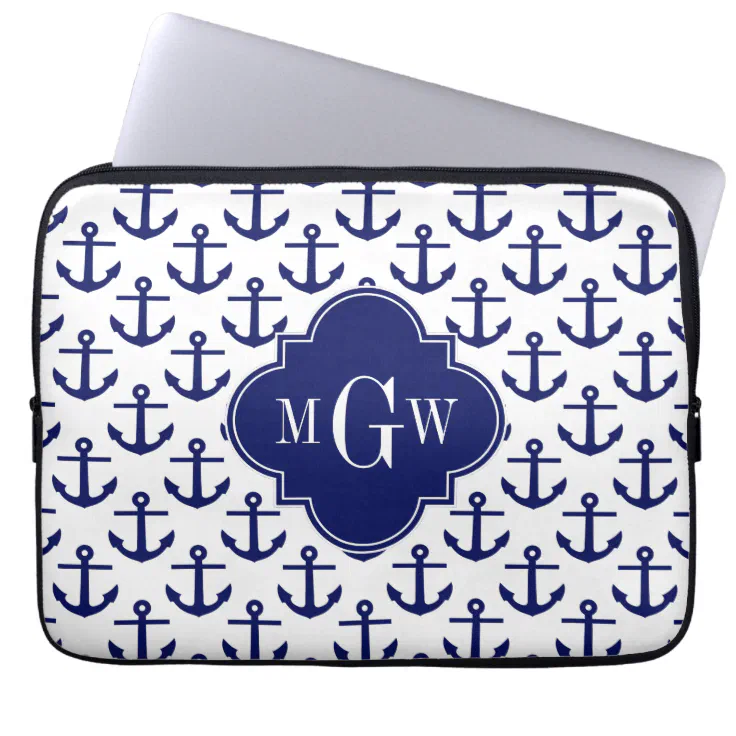Navy Blue Anchors Wht BG, Navy 3 Initial Monogram Laptop Sleeve | Zazzle