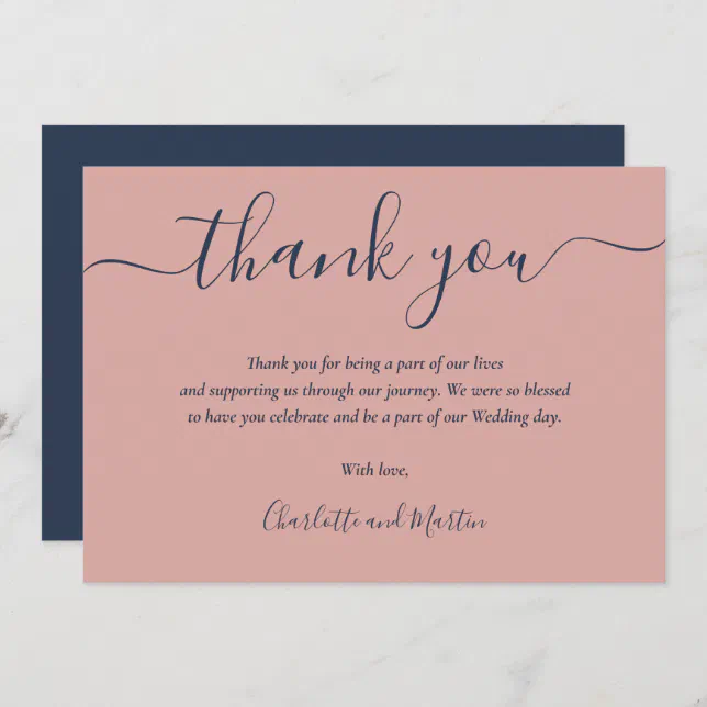 Navy Blue and Blush Elegant Modern Script Thank You Card | Zazzle