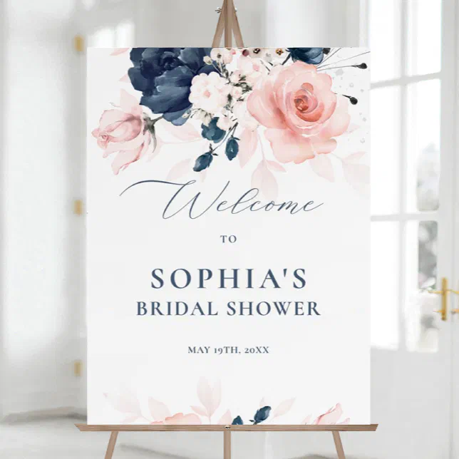 Navy Blue and Blush Pink Floral Bridal Shower Sign | Zazzle