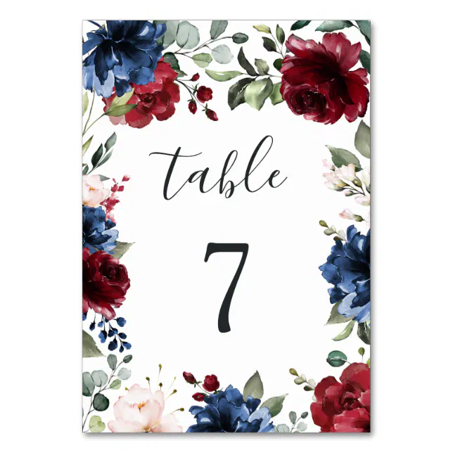 Navy Blue and Burgundy Blush Pink Floral Wedding Table Number | Zazzle