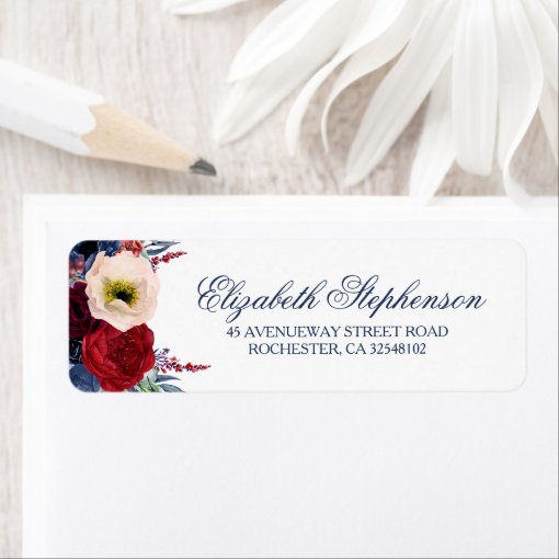 Navy Blue and Burgundy Red Floral Modern Chic Label | Zazzle