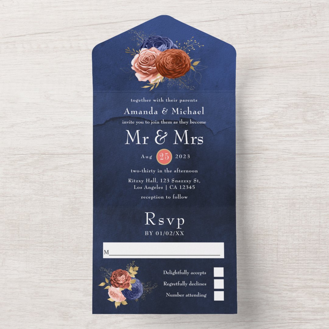 Navy Blue and Coral Floral Wedding All In One Invi All In One ...